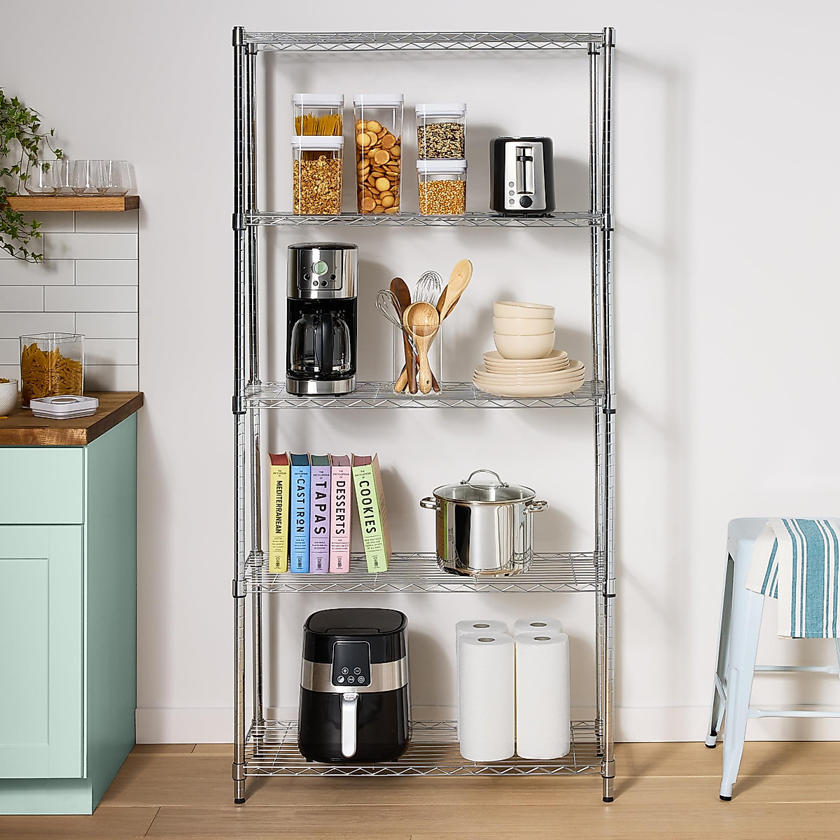 Amazon Basics 5-Shelf Adjustable, Heavy Duty Storage Shelving Unit (350 lbs loading capacity per shelf), Steel Organizer Wire Rack, Chrome (36L x 14W x 72H)