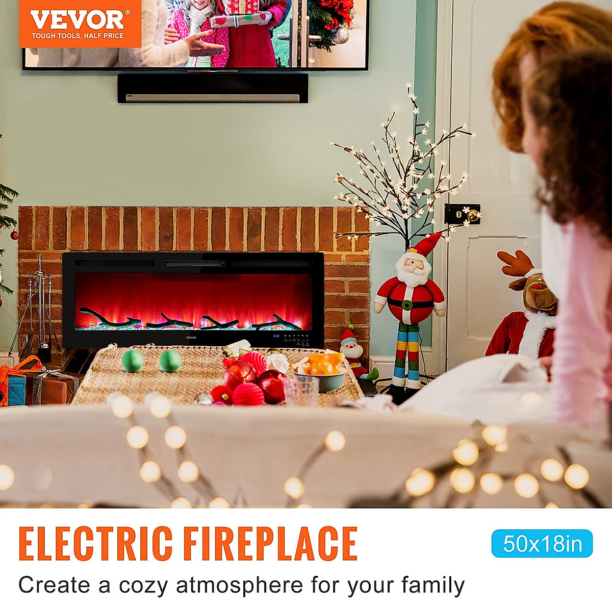 VEVOR Electric Fireplace, 50-inch Wall Mounted and Recessed Fireplace, Fit for 2 x 4 and 2 x 6 Stud, Adjustable Flame Colors and Speed with Remote Control & Timer, Compatible with Alexa, 1500 W, Black