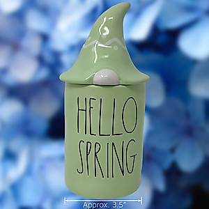 RAE Dunn Green Garden Mint Scented Candle "Hello Spring" Spelled with Rae Dunn Style Using LL Font - Super Cute Gnome Hat Lid - Add This Candle to Your Rae Dunn Collection and Home Kitchen Décor