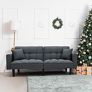 AVAWING Futon Sofa Bed, Modern Linen Fabric Convertible Upholstered Couch with Adjustable Back, Arms and High Strength Nylon Legs for Living Room, Apartment, Office (Grey)