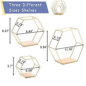 REFSAVER Hexagon Shelves for Wall,Gold Geometric Floating Shelves Wall Decor,Multi-use Metal Wire Wall Display Shelves,Hanging Wall Decor for Bedroom Living Room Kitchen Office,3 Pack,Gold