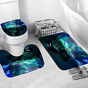 Mycurer Aurora Gaming Shower Curtain Sets with Rugs for Boys,4 Pcs Modern Two Gamepads Controller Bath Curtain Sets,Durable Bathroom Sets with Gamer Shower Curtains for Kids Bathroom