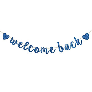 INNORU Blue Glitter Welcome Back Banner - New House - Classroom Welcome Party Bunting Decor - Homecoing Returning - Back Home Retirement Party Decorations Supplies Photo Prop