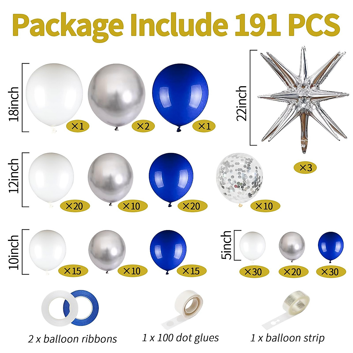 191pcs Blue Silver White Balloons Garland Arch Kit with 3pcs Starburst Foil Balloons, 18 12 10 5inch Royal Blue Silver Confetti Balloons for Birthday Graduation Baby Shower Party Decorations