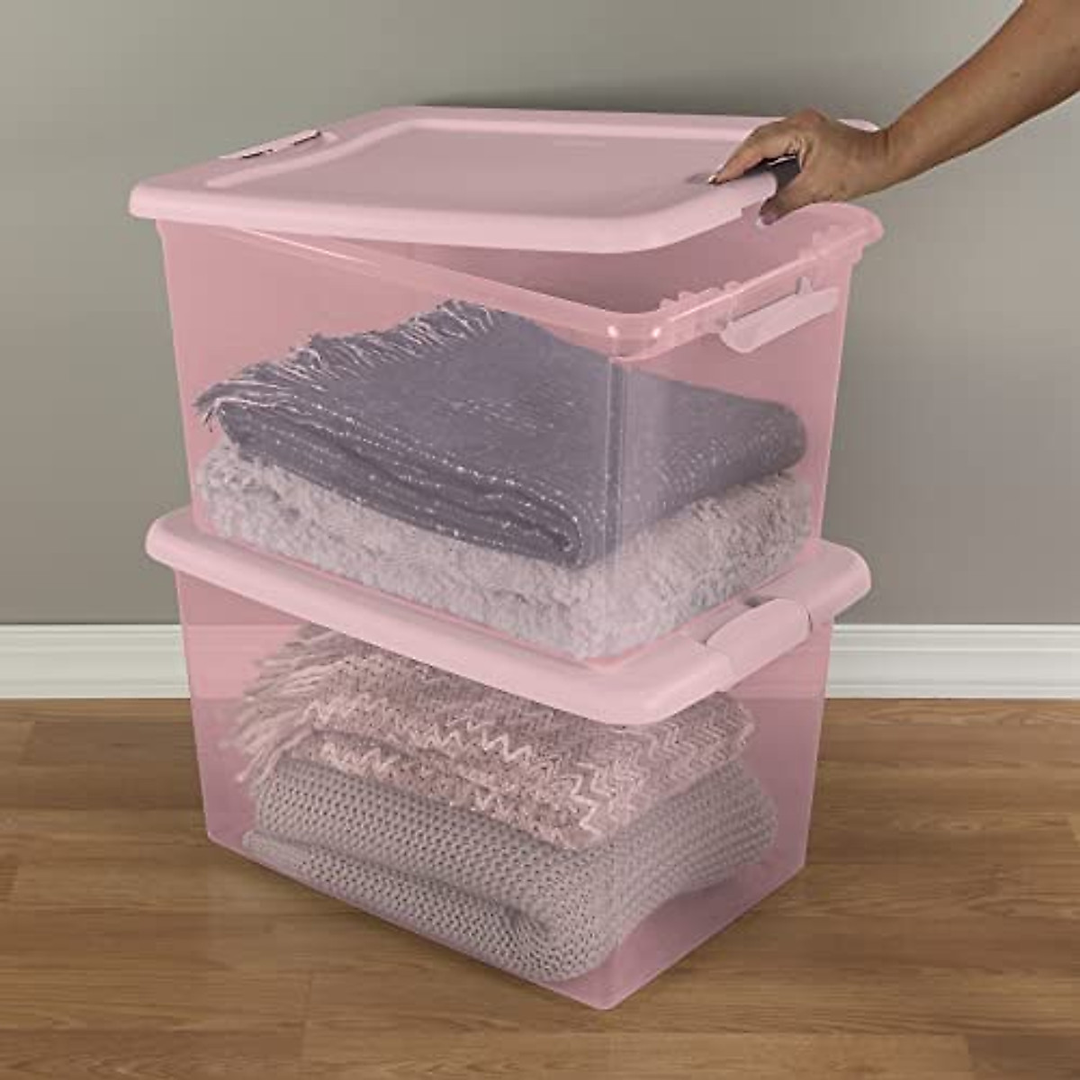 EECPT 6pc 64 Qt. Latching Box Plastic, Blush Pink Tint