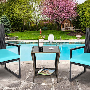 Kinsunny Outdoor Bistro Table PE Wicker Rattan Side Table Square End Table with Glass Top for Backyard Lawn Balcony, Brown