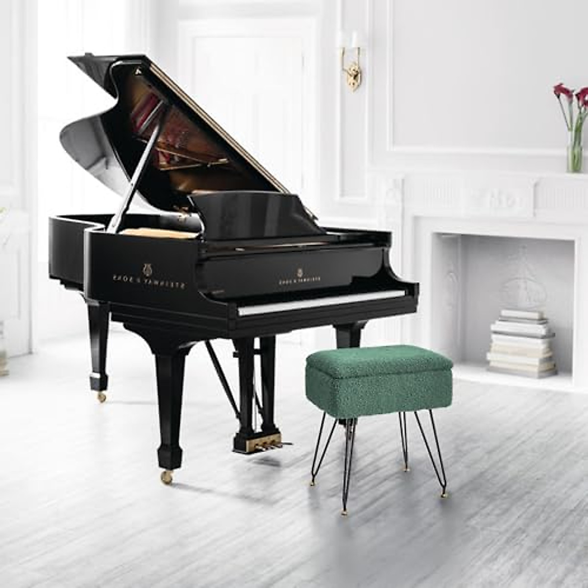 Leesingdo Vanity Stool Chair, Faux Teddy Fur Ottoman Foot Stool with Metal Legs & Adjustable Black Feet, Flip Top Storage Makeup Stool with Soft Padded Seat, Foot Rest for Makeup Room Bedroom, Green