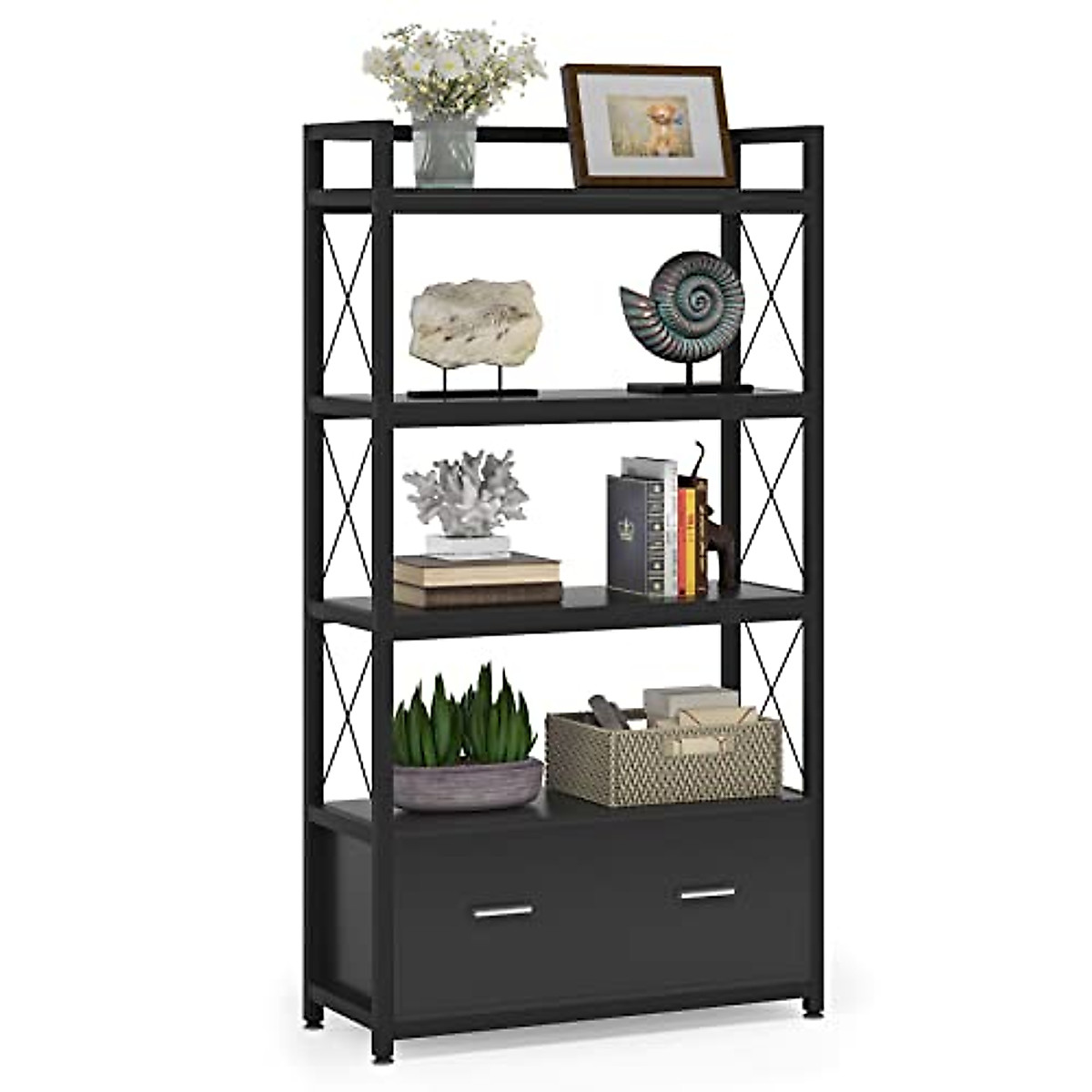 LITTLE TREE Freestanding Lateral File Cabinet with Drawer, Filiing Cabients with Shelves, Black