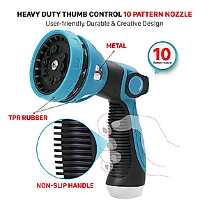 Garden Hose Nozzle, 10 Patterns Metal Water Hose Nozzle Heavy Duty Hose Spray Nozzle with Thumb Control for Watering Lawns,Car Washing,Bathing Pets Blue