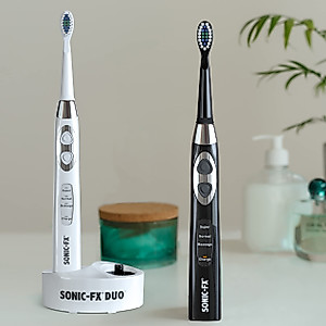 Sonic-FX Duo Rechargeable Electric Toothbrush Set - with 14 Brush Heads, 3 Modes, Smart Auto-Timer, Charging Dock Holder - Dual Handle Electric Tooth Brush for Adults & Kids, Black and White