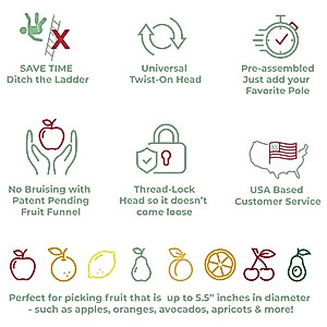 Easy Pickins EP-FH-1 Fruit Picker Basket with Funnel, Green