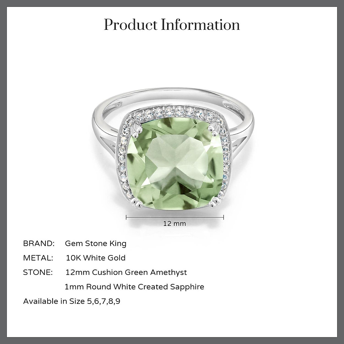 Gem Stone King 10K White Gold Green Prasiolite and White Created Sapphire Engagement Ring For Women (6.74 Cttw, Cushion Cut 12MM, Available in size 5, 6, 7, 8, 9)