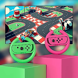 Talkworks Steering Wheel Controller for Nintendo Switch (2 Pack) - Racing Games Accessories Joy Con Controller Grip for Mario Kart, Pink/Neon Combo - Nintendo Switch