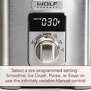 Wolf Gourmet High-Performance Blender, 64 oz Jar, 4 Program Settings, 12.5 AMPS, Blends Food, Shakes and Smoothies, Silver Knob with Black Knob Accessory, Stainless Steel (WGBL120SR)