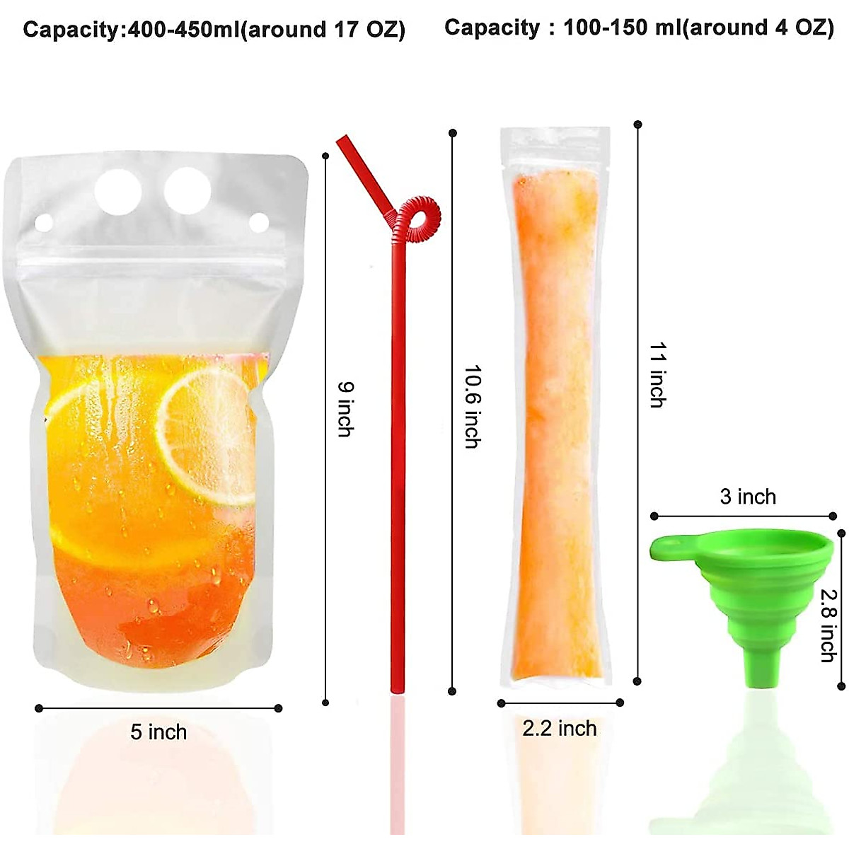 Ucio 100 Pcs Drink Pouches with 100 Straws, Juice Pouches with 30Pcs Disposable Freezable Ice Popsicle Mold Bags, Drink Pouches for Adults and Kids, Clear Pouch for Cold & Hot Drinks (100Pcs)