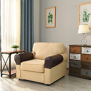 1 Pair Sofa Arm Cover, PU Leather Stretch Armrest Cover Anti-Slip Furniture Protector Slipcovers for Armchairs Sofa Couches Recliner-Taupe