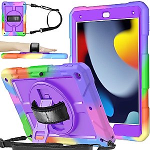 BMOUO Case for iPad 9th Generation Case, iPad 8th/7th Generation Case, iPad 10.2 Case, Shockproof Rotating Stand Hand Strap Kids Case for iPad 10.2" 2021/2020/2019 - Purple