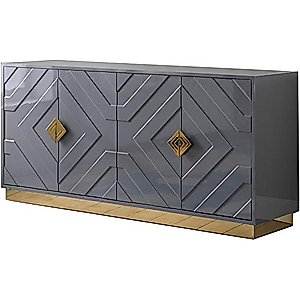 Best Master Furniture Titus High Gloss Lacquer Sideboard/Buffet with Gold Trim, Grey