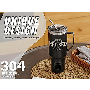 Onebttl Retirement Gifts for Men, Retirement Tumbler for Men 40oz Insulated Travel Cup with Handle, Retired Gifts for Dad, Grandpa, Friends, CoWorker (Black, Officially)