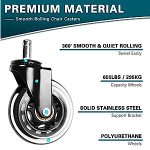 Eyamumo Office Chair Caster Wheels Replacement Rubber Chair Casters Set of 5 Heavy Duty and Safe Office Chair Casters for All Floors Hardwood, Office Chair Wheels for Rubber Chairs to Replace Chair
