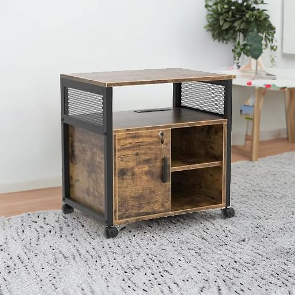 Unikito Lateral File Cabinet, Locking Office Filing Cabinets with Socket and USB Charging Port, Modern Rolling Printer Stand with Storage for A4, Letter Size and File Folders, Rustic Brown