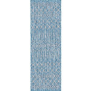 Unique Loom Outdoor Trellis Collection Area Rug - Tribal Trellis (2' x 6' 1" Runner, Aqua/ Ivory)