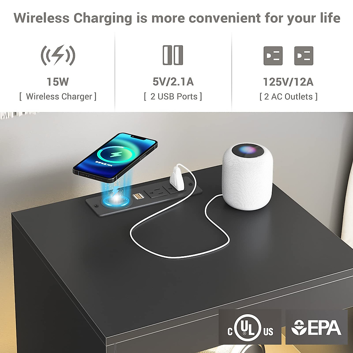 Tiptiper Black Nightstand with Wireless Charging Station and LED Lights, Bedside Table with 2 Drawers, Open Storage, 1 Pull-Out Tray, End Side Table with Charging Station, LED Night Stand with Storage