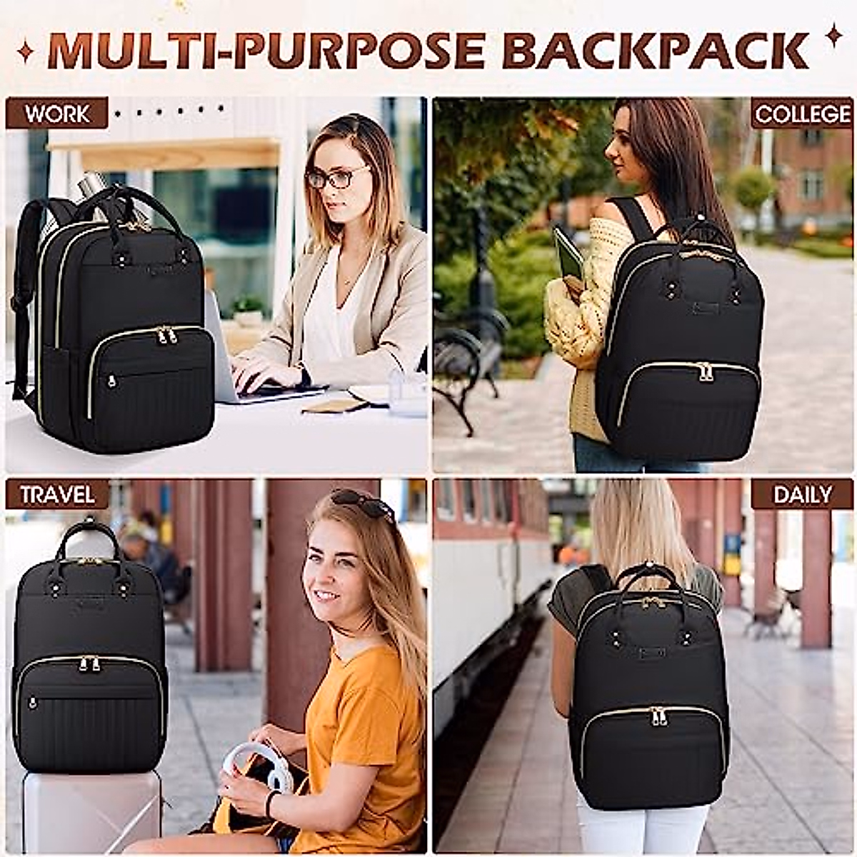 Laptop Backpack for Women 15.6 Inch Waterproof Travel Backpack with USB Port Fashion Work Business Computer Backpack Purse Large Teacher Nurse Bags Casual Daypacks for Travel College Business, Black
