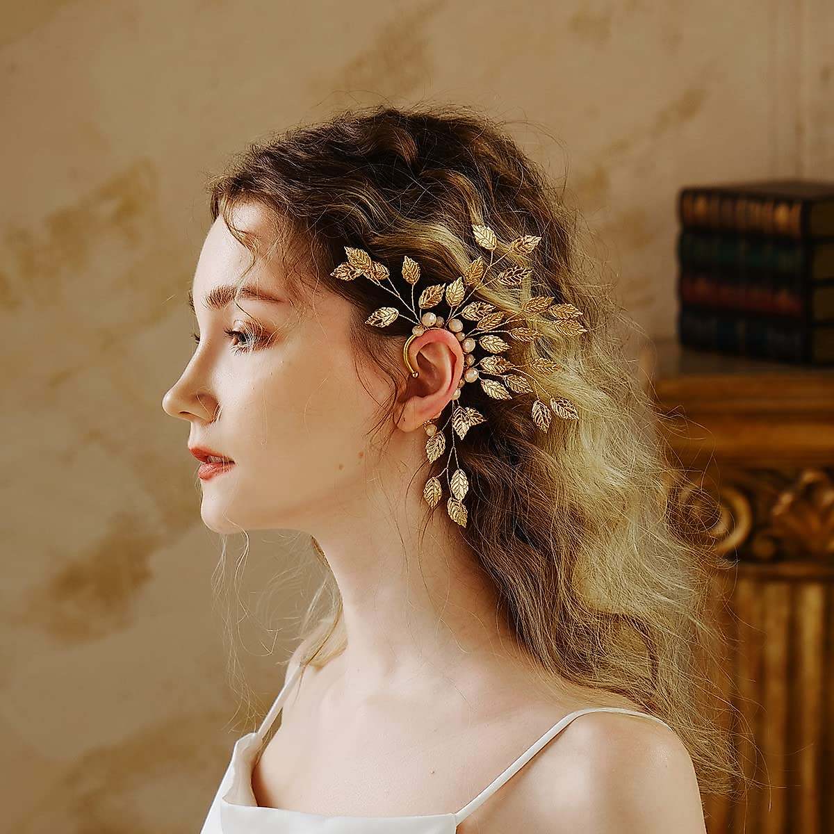 Elf Ear Cuff Fairy Single Left Handmade Non Piercing Earring for Women (Golden Leaves)