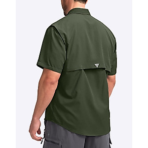 Pudolla Men's Fishing Shirts Short Sleeve Travel Work Shirts Summer Button Down Shirts for Men UPF50+ with Zipper Pockets(Olive, XX-Large)