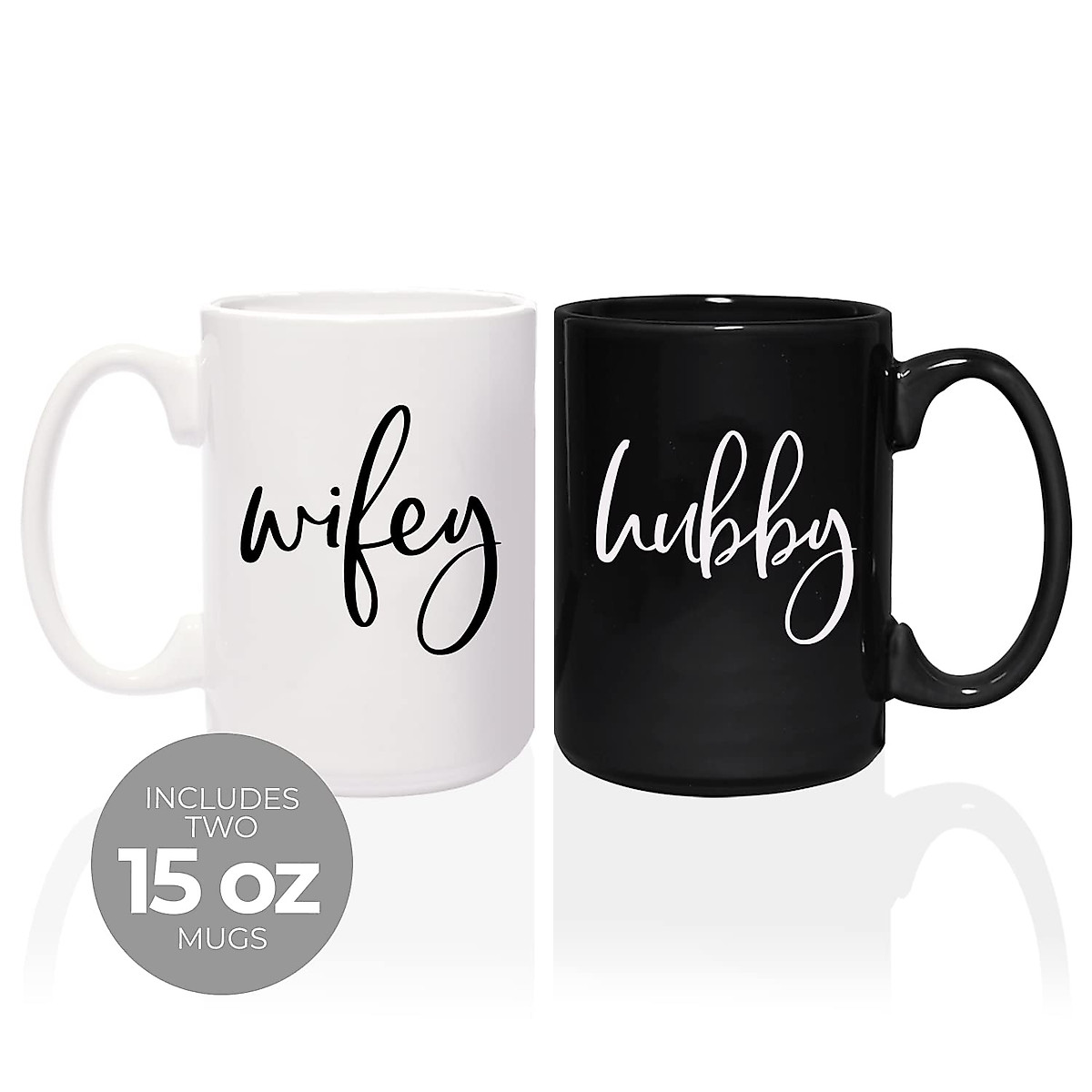 Canopy Street Wifey And Hubby Matching Mugs/Two Jumbo 15 Ounce White And Black Ceramic Mugs/Funny Husband And Wife Coffee Cup Set/Black And White Wedding Present Mug Set.