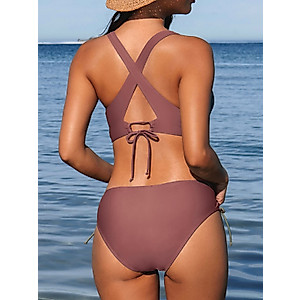 CUPSHE Bikini Set for Women Two Piece Swimsuit V Neck Triangle Top Wide Straps Cross Back Lace up Mid Rise S, Pale Mauve