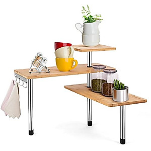 DRDINGRUI Kitchen Countertop Organizer Corner Shelves, 3 Tiers Bamboo Spice Rack, Makeup Organizer Shelves, Plant Display Shelf, Space Saving Desk Storage with Hooks