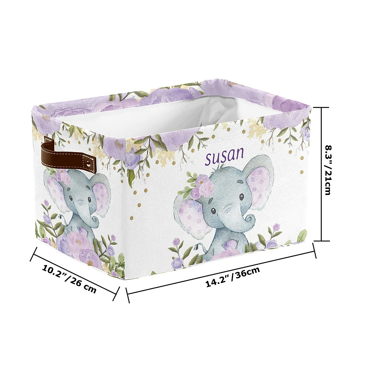 CUXWEOT Personalized Purple Floral Elephant Storage Bin with Name Waterproof Canvas Organizer Bin with Handles for Gift Baskets Book Bag (2 Pack)
