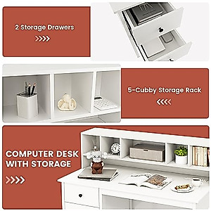 Tangkula White Desk with Drawers & Hutch, Modern Home Office Desk Writing Study Desk with Charging Station, Laptop Desk with 5 Storage Compartments, Computer Workstation Makeup Vanity Desk