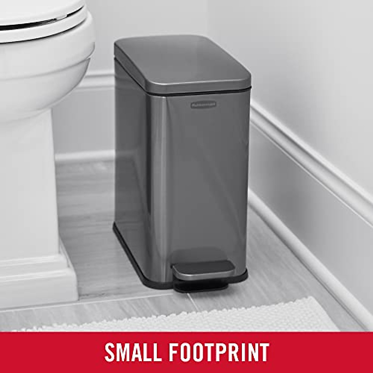 Rubbermaid Stainless Steel Slim Step-On Trash Can, 2.6-Gallon, Charcoal, Wastebasket with Lid for Home/Bathroom/Kitchen