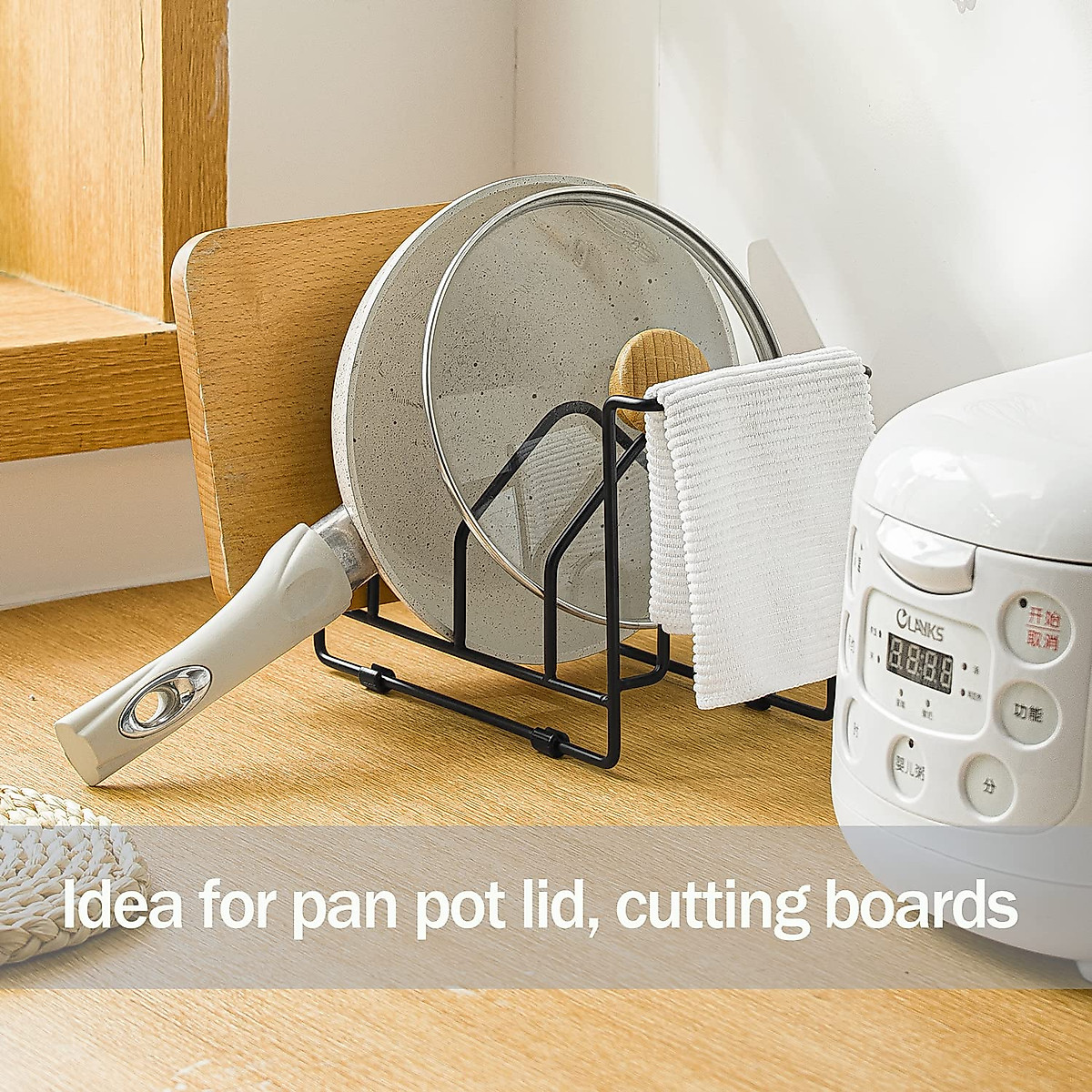 MORNITE Pots Pans Plates Organizer for Cabinet Kitchen, Bakeware Pan Pot Lid Holder Rack, Cutting Boards Pantry Tray Rack Cabinet Holder Dish Rack Black