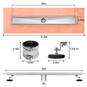 24 Inch Linear Drain Compatible with Schluter Systems Kerdi-Line with Hair Catcher 304 Stainless Steel Channel Body Shower Drain