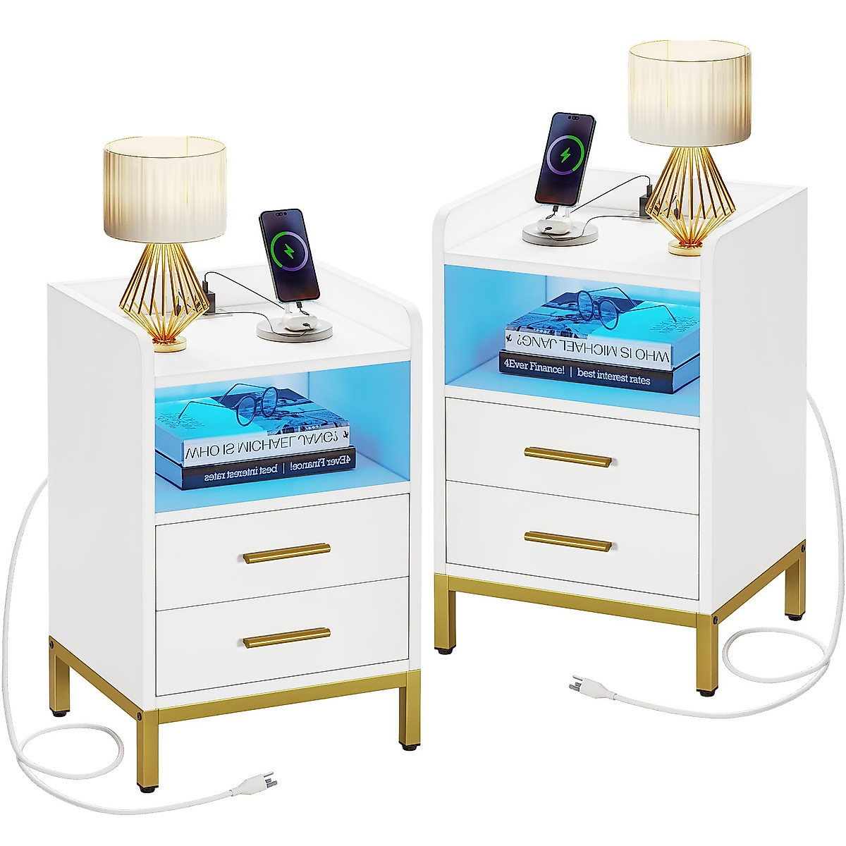YITAHOME LED Nightstand with Charging Station, Modern Bedside Table with 2 Drawers for Bedroom, End Table with USB Ports and Outlets, Night Stand with Open Storage, Set of 2, White