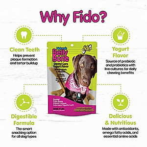 Fido Belly Bones for Dogs, Yogurt Flavored Large Dog Dental Treats - 4 Treats Per Pack (3 Pack) - for Large Dogs (Made in USA) - Plaque and Tartar Control for Fresh Breath, Digestive Health Support