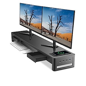 meatanty Dual Monitor Stand Riser with 2 Drawers,4 USB Ports and Charging Pad,Metal Monitor Stand for 2 Monitors Supports Transfer Data and Charging,Desk Organizer for PC,iMac(38.7 inches)