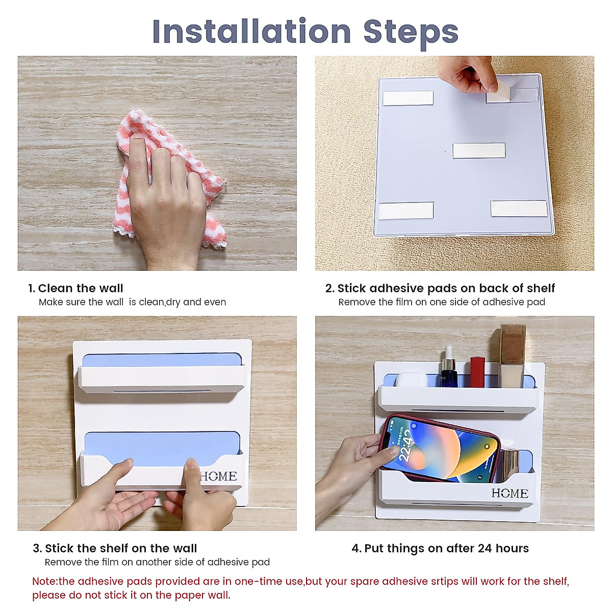 Bedside Shelf Wall Mount, Adhesive Bedside Shelf Accessories Organizer with Hooks and Cable Clips,Dorm Bedside Wall Storage for Phone, Remote, Earphone, Kindle,Plastic (Simple Style)