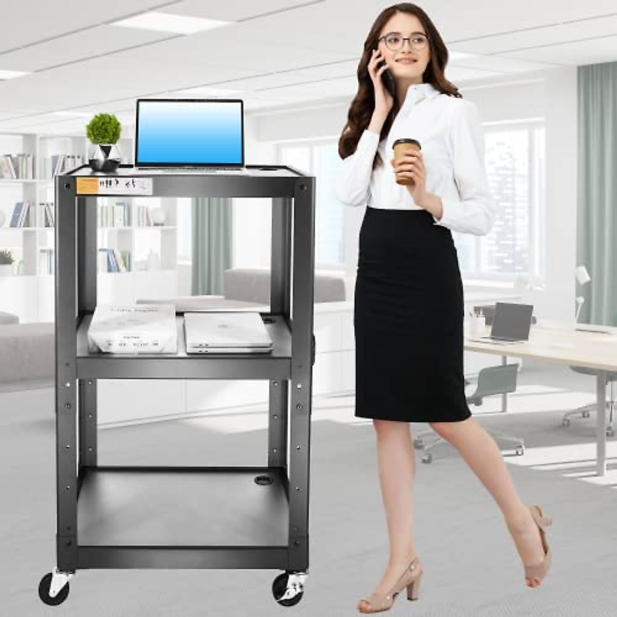 3 Shelf Metal Utility cart - Steel Construction Mobile Presentation Cart Projection Cart with Power Strip - Durable Utility Cart AV Carts on Wheels - Supports Up to 300 LBs (24'' x 18'' x 41'')