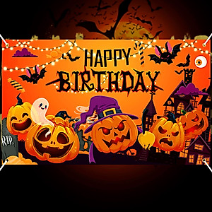 Halloween Birthday Party Decorations Halloween Birthday Banner Happy Birthday Halloween Backdrop for Outdoor Indoor Home Decor Halloween Birthday Party Decor, 35.4 x 59 Inch (Bat)