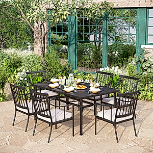 PHI VILLA Outdoor Metal Steel Dining Chairs with Cushion, Black Heavy-Duty Weatherproof Armchairs for Patio, Deck, Yard - Set of 6