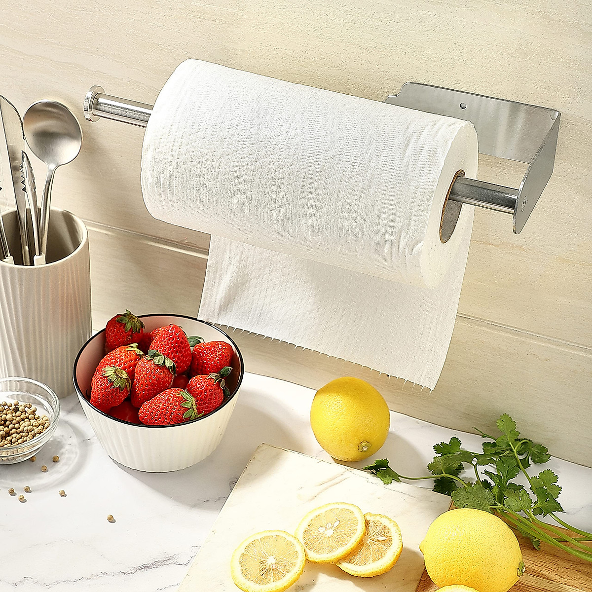 Paper Towel Holder, Self-Adhesive Paper Towel Holder Under Cabinet , Both Available in Adhesive and Screws, Wall Mount Hanging Paper Towel Rack for Kitchen, Stainless Steel Silver Paper Towel Holders