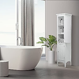 Elegant Home Fashions Glancy Linen Tower Freestanding Cabinet Tall Narrow Bathroom Kitchen Living Room Storage with 2 Shutter Doors 5 Tier Shelves, White, Standard