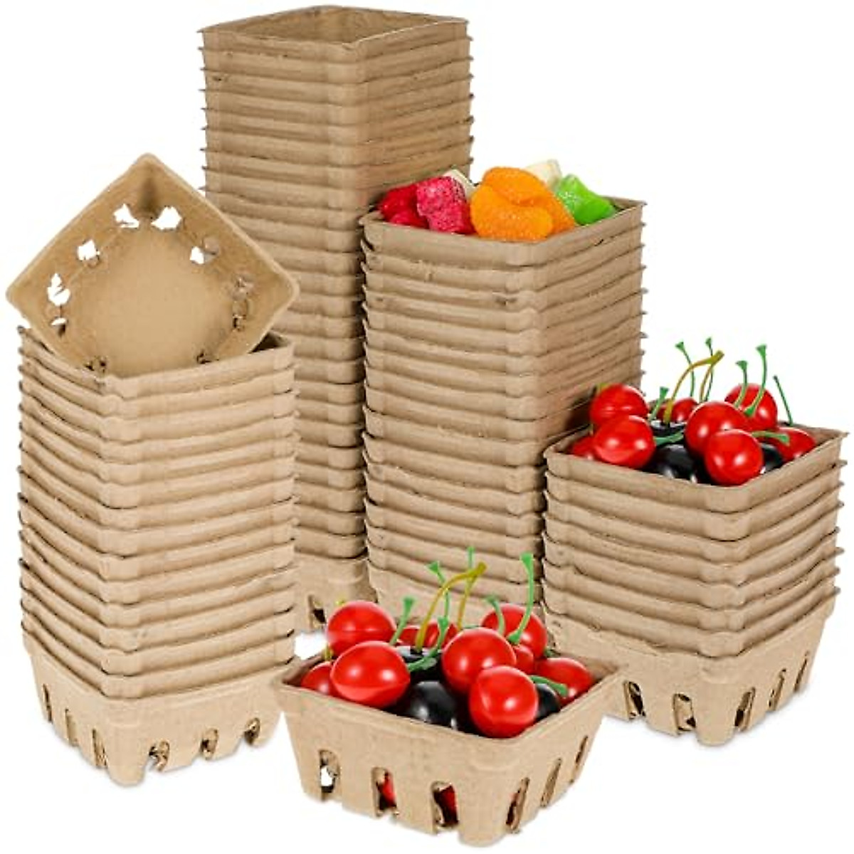 Tobeelec 100 Pcs Pulp Fiber Berry Basket, Products Berry Baskets, Molded Pulp Fiber Vented Produce Basket for Packaging Fruits and Veggies, Small Farmer Market Produce Basket Containers