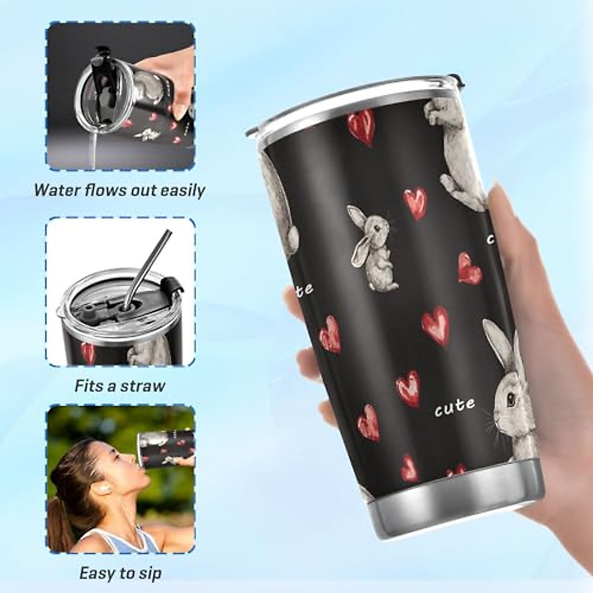 HXshaoye rabbit Vintage Valentines Stainless Steel insulated coffee cup travel with Straw Lid Camping Mug for coffee 20oz coffee tumbler termos para gym 20oz