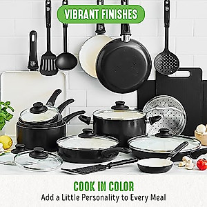 GreenLife Soft Grip Healthy Ceramic Nonstick 23 Piece Kitchen Cookware Pots and Frying Sauce Saute Pans Set with Kitchen Utensils, PFAS-Free, Dishwasher Safe, Black